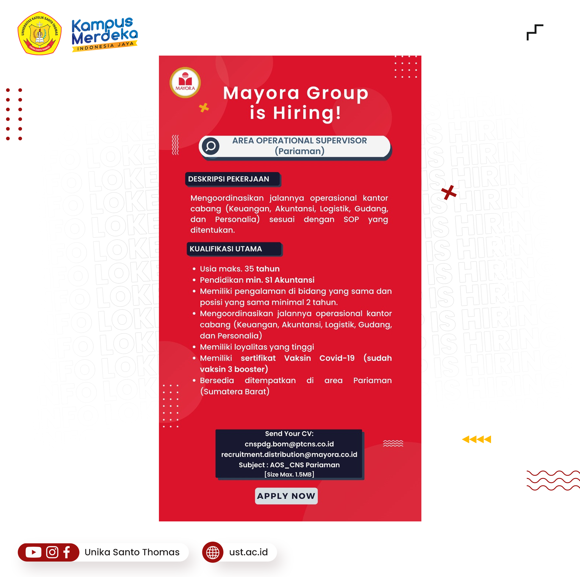 LOWONGAN KERJA MAYORA - Universitas Katolik Santo Thomas